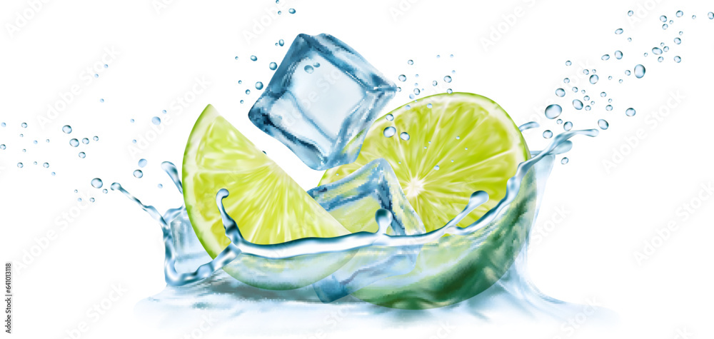 Vetor de Mojito lemonade drink. Corona water splash with lime, leaves and ice cubes. Refreshing ...