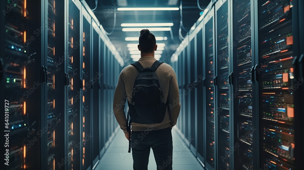 Rear view, IT engineer standing in rack servers in data center by AI ...