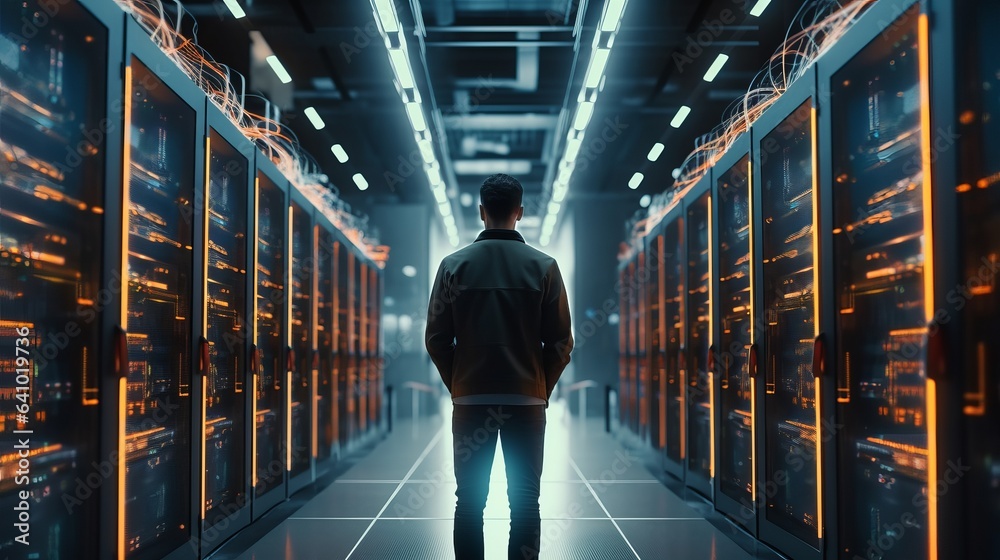 Rear view, IT engineer standing in rack servers in data center by AI ...