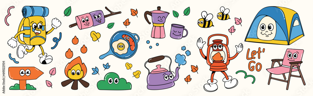 Set of 70s groovy element camping concept vector. Collection of cartoon ...