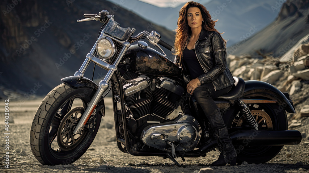 Beautiful 50 yo woman biker is sitting on her motorcycle, on urban ...