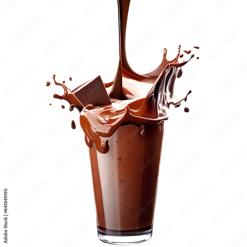 Chocolate shake pouring with splashing in a glass on transparent white ...