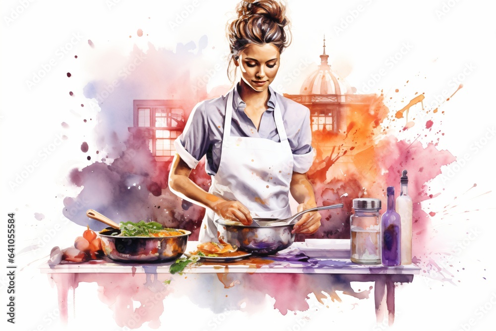 Watercolor painting illustration of a woman chef cooking food in the ...