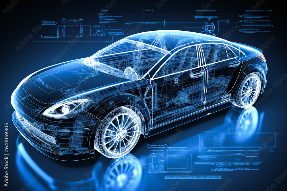 Hologram car with project infographics. Futuristic car designing ...