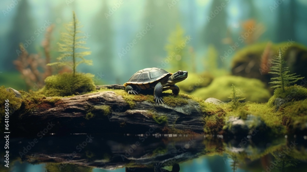 A captivating composition of a little turtle basking on a moss-covered ...