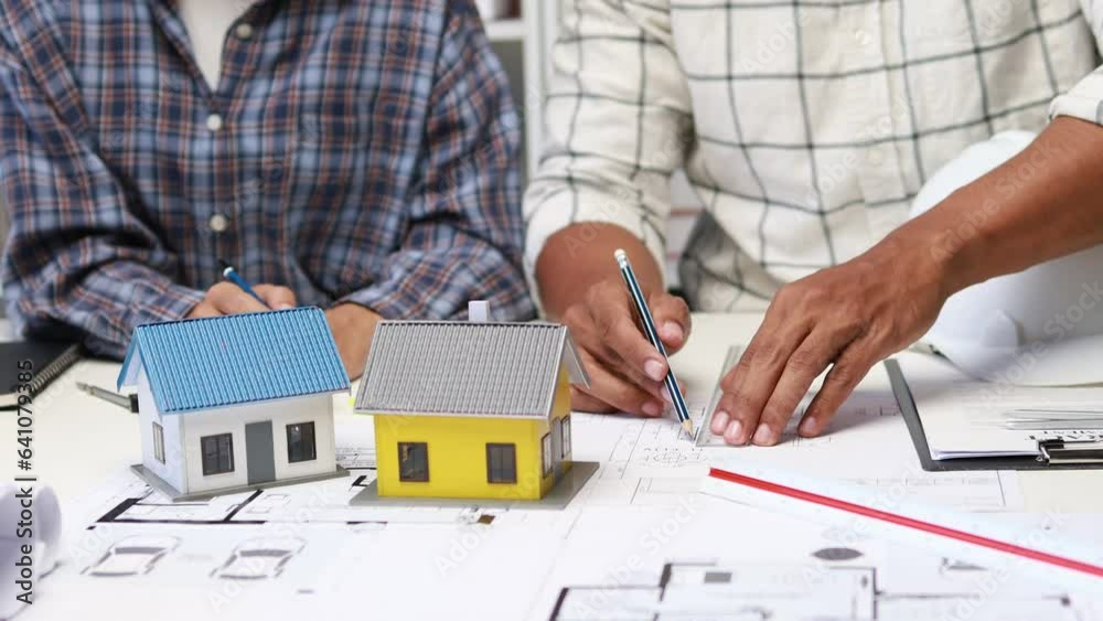 The home design architects are reviewing the house plan draft, the ...