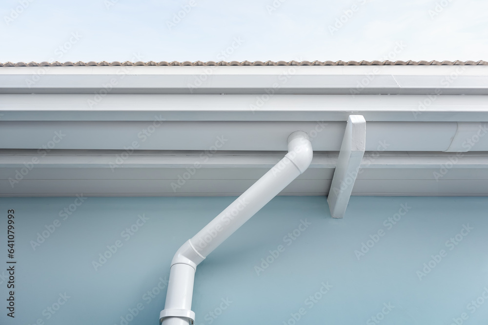 Rain Gutter Install On Steel Structure Connect To Pvc Downpipe Or Downspout Elbow At Eaves