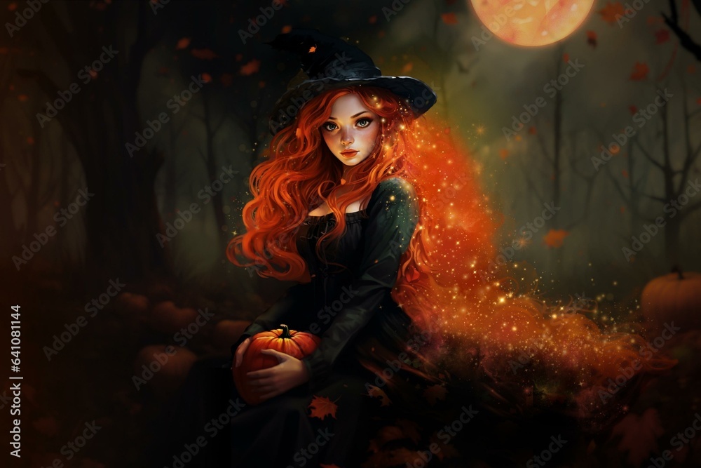 Magical illustration: a beautiful red-haired Witch stands amidst an autumn forest at night, red ...