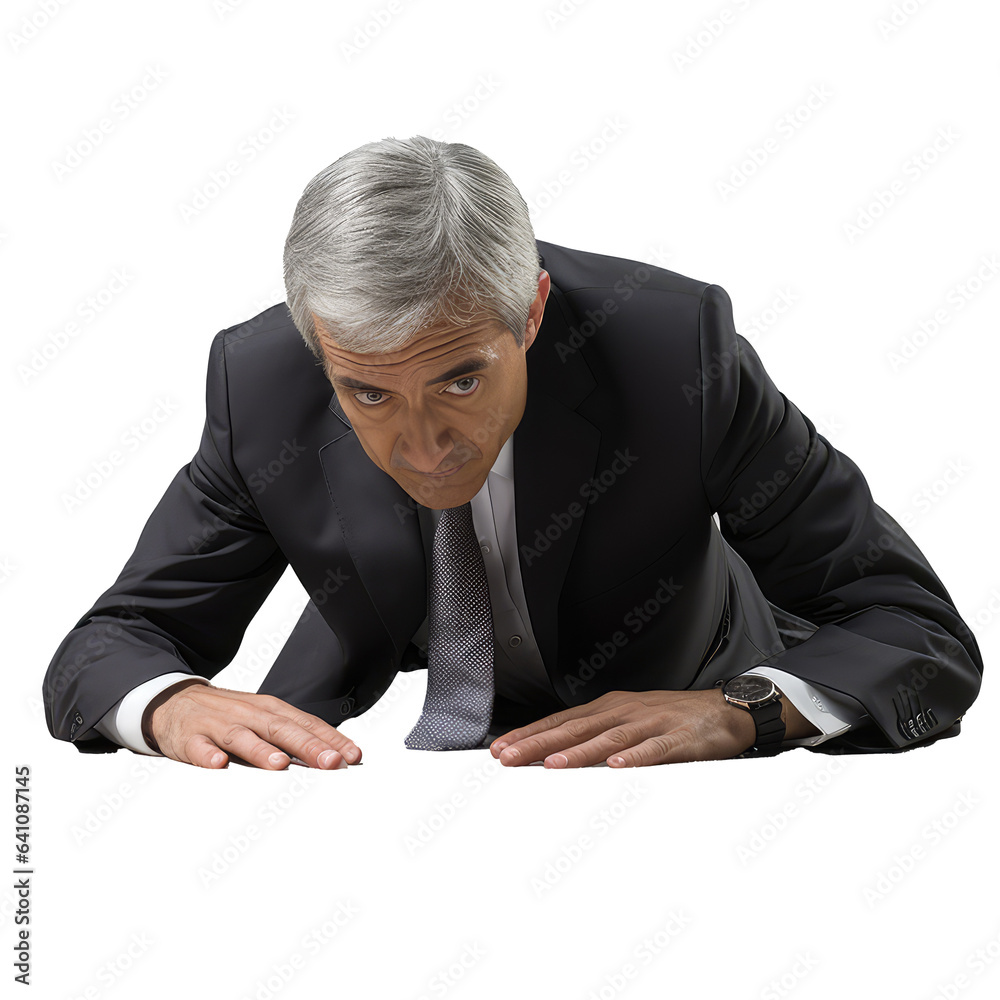 50 years old man wearing business suit, front view, grey hairs, bowing ...