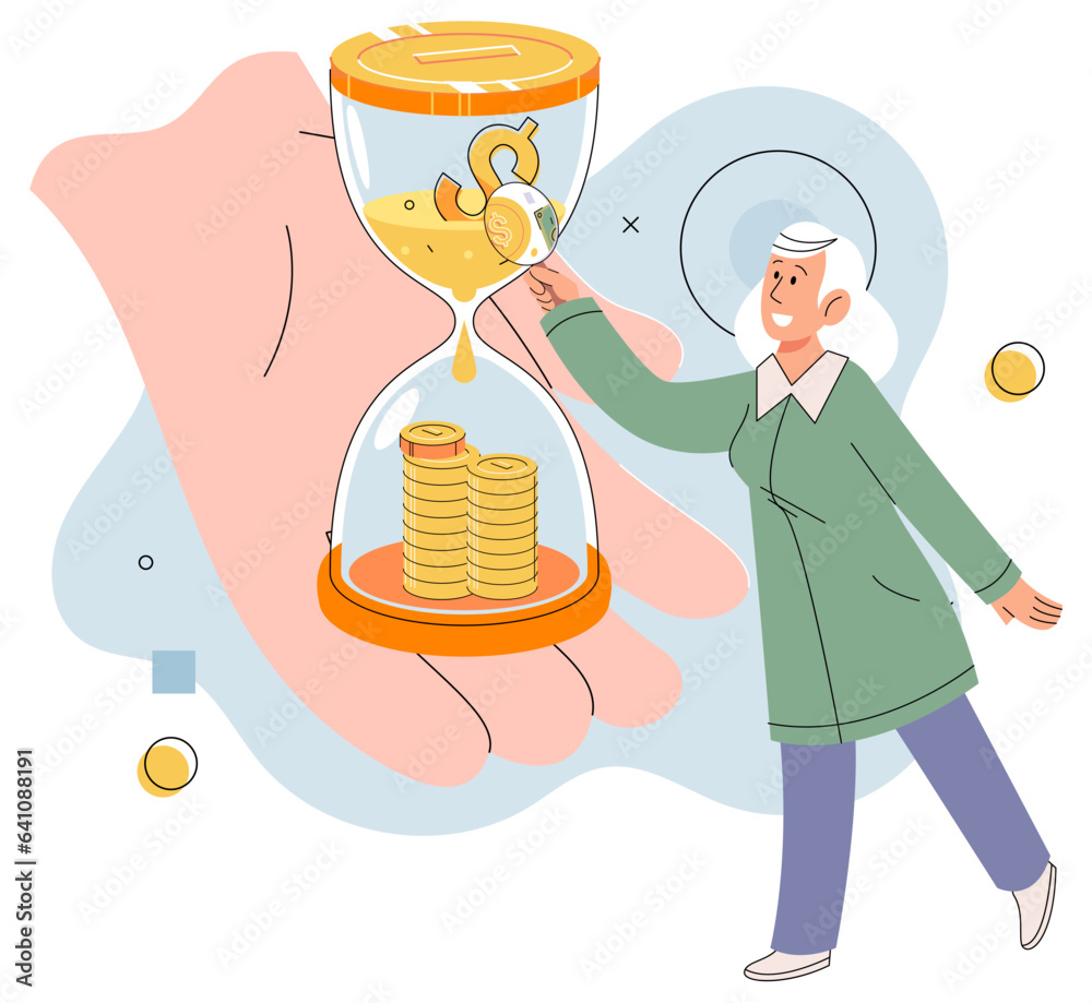 Time is money concept with woman holding coins standing at hourglass ...