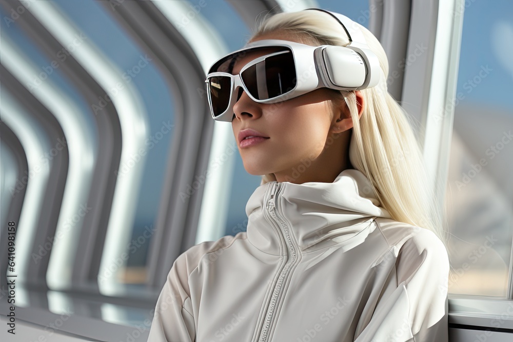 Metaverse and virtual reality concept. young beautiful girl in a white ...