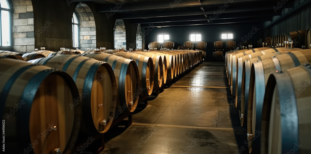 Wooden barrels in modern wine cellar, Winemaking, winery, Industrial ...