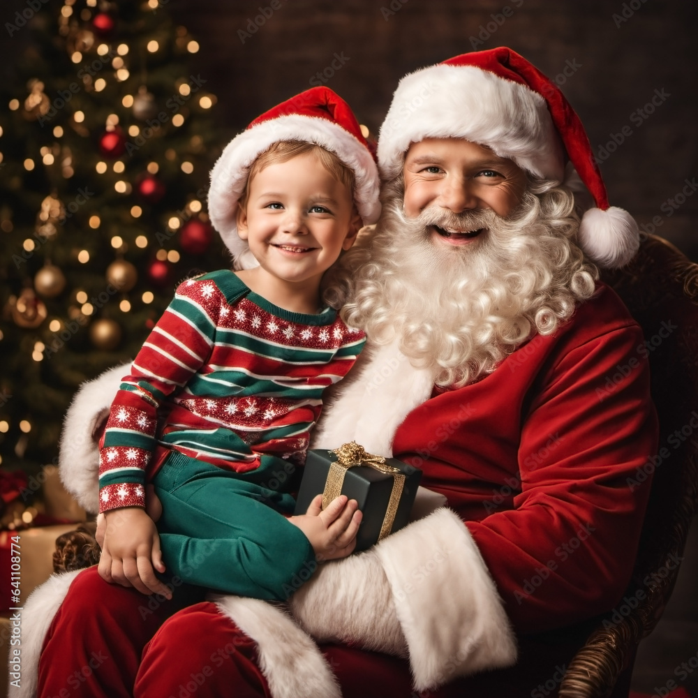 Santa Claus with children sitting on his lap on Christmas Eve, creating ...