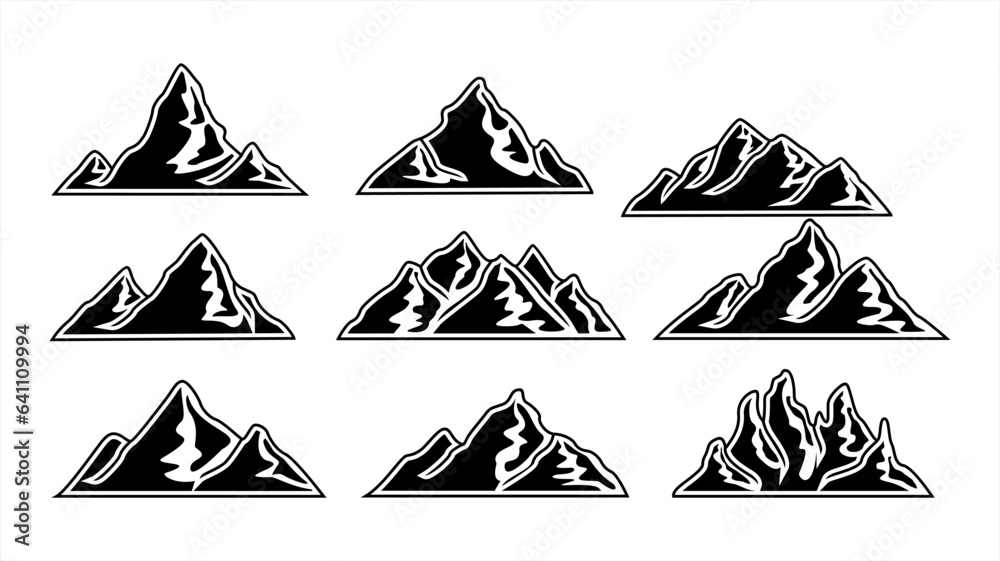 set vector mountain icon silhouette black and white isolated for ...