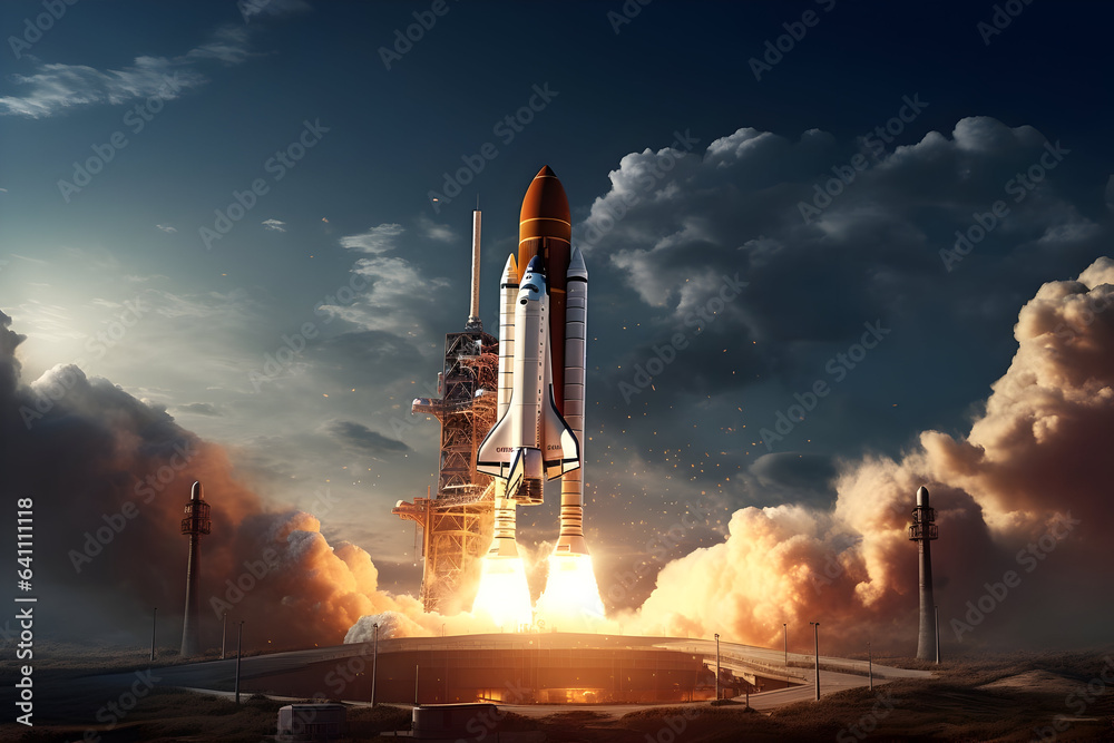 A giant rocket slowly lifting off the launchpad, its engines roaring ...