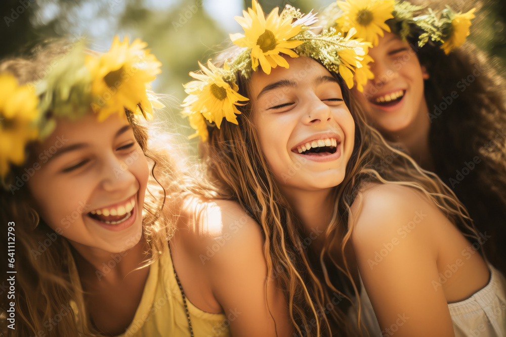 Drei Freundinnen mit einen Blumenkranz aus Sonnenblumen im Haar haben ...