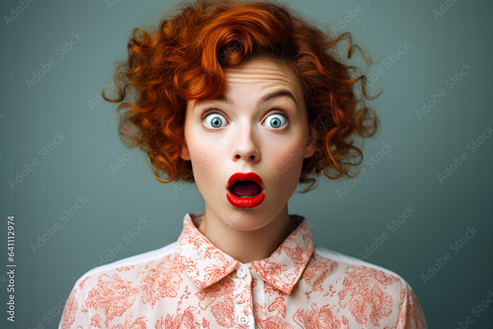 Eine Frau mit einem weit geöffneten Mund und aufgerissenen Augen, A ...