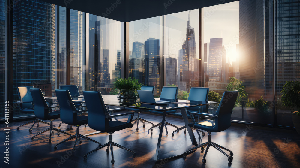 Office meeting room interior glass segmented with large window. A large ...