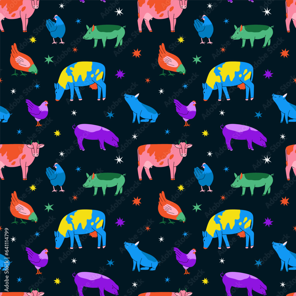 Abstract farm animal pattern. Cows different breeds, pigs and hens ...