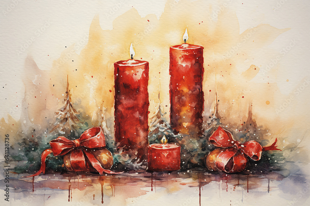 Pretty loose watercolour style image of a christmas scene of three red ...