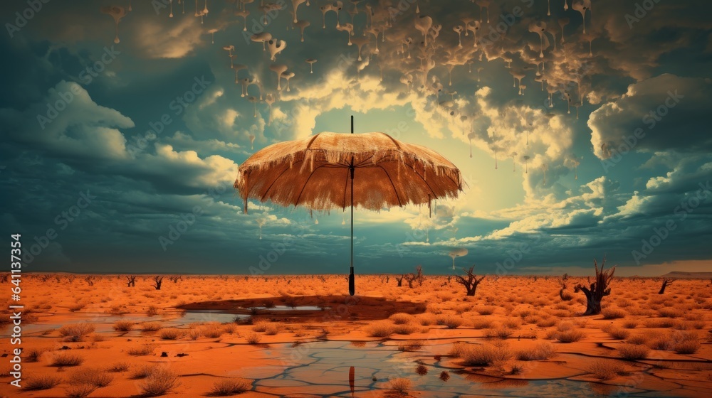 Inverted rain falling from a vibrant sky onto an umbrella-covered ...