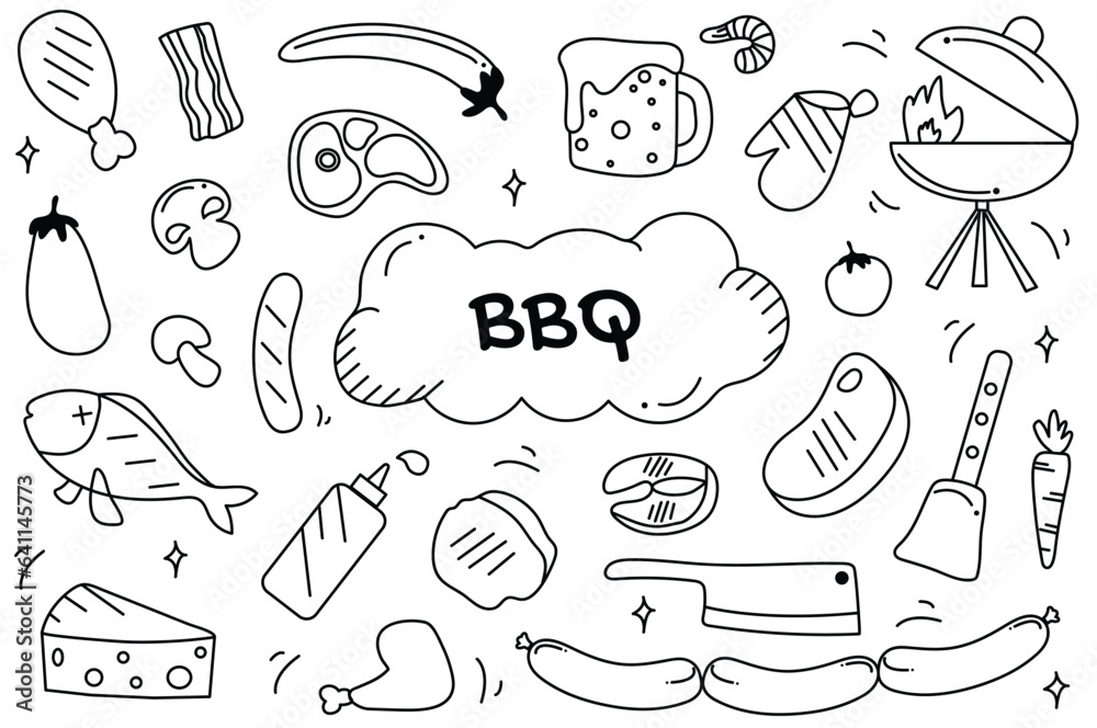 Line set BBQ in cartoon design. Creations with a black and white ...