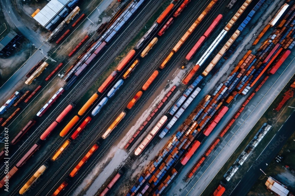 Large variety of cargo trains as seen from directly above. Global ...