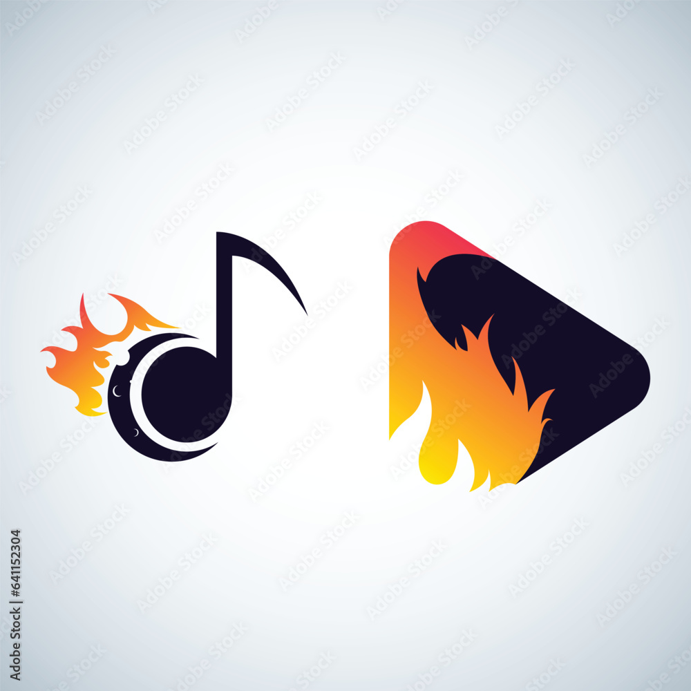 play button on fire icon for music company art projects. music notes on ...