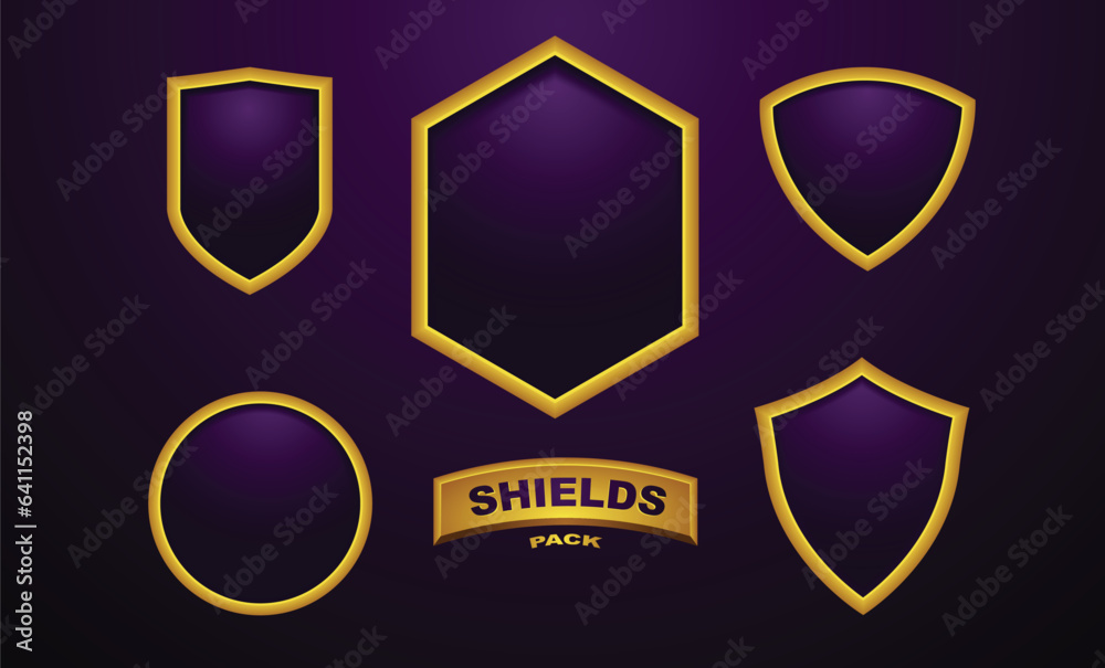 Collection of royal purple and gold shields in 3D. shows protection, security and strong defense ...