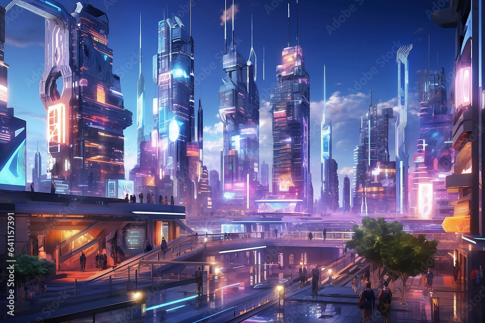AI-Powered Cityscape: Depict a futuristic cityscape illuminated by AI ...