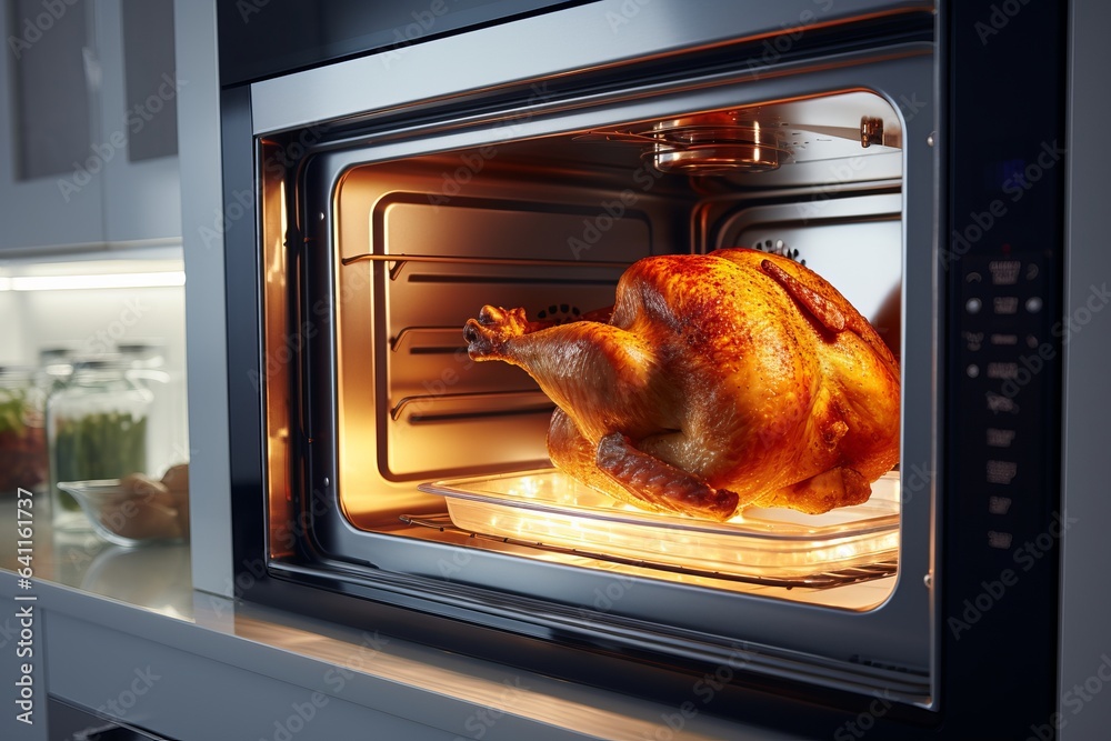 turkey inside a closed oven while cooking in a white modern kitchen ...
