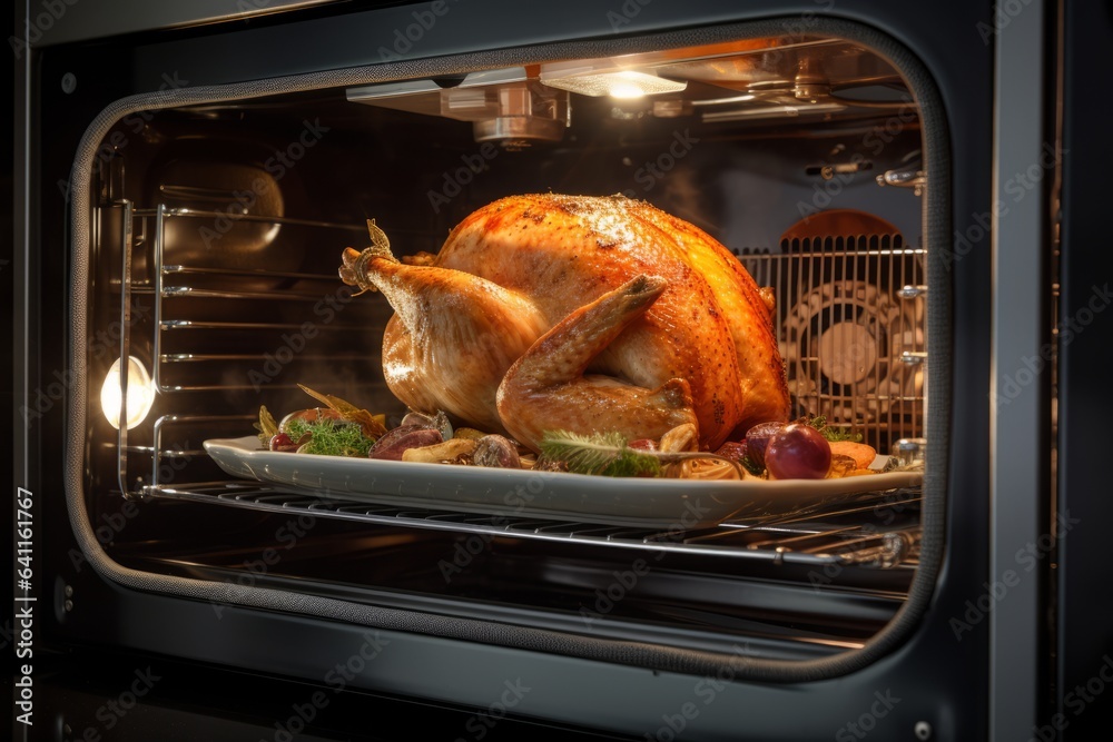 turkey inside a closed oven while cooking in a white modern kitchen ...