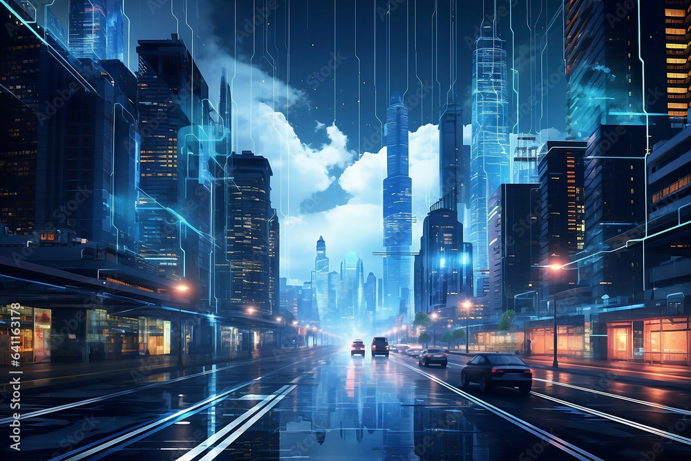 AI-Powered Cityscape: Depict a futuristic cityscape illuminated by AI ...