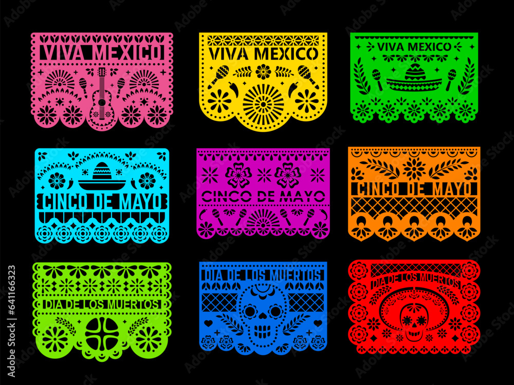 Mexican papel picado paper cut holiday flags and banners. Vector Mexico ...