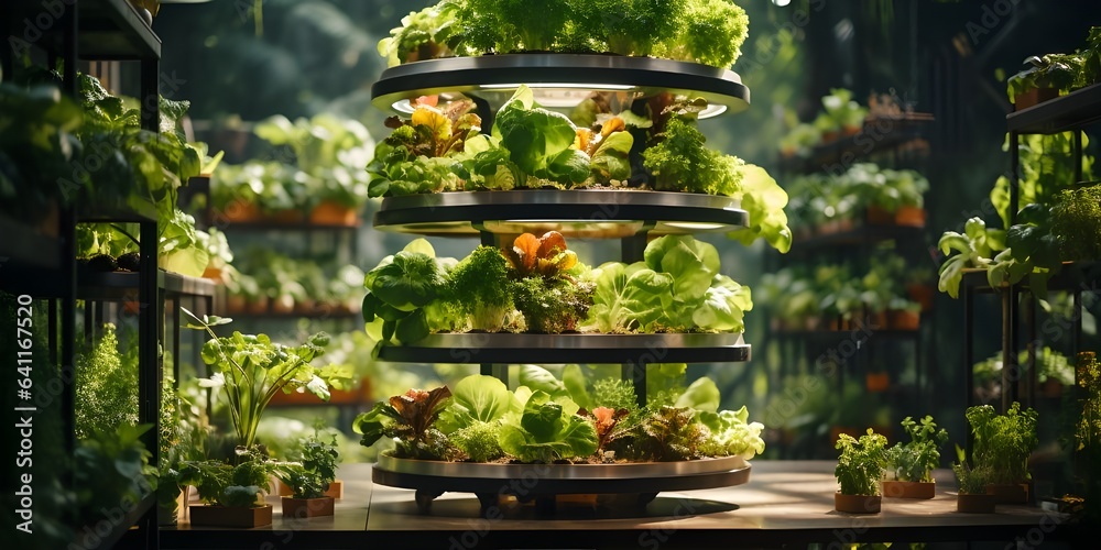 Harvest theme in vertical farming, plants grow on special shelves in ...