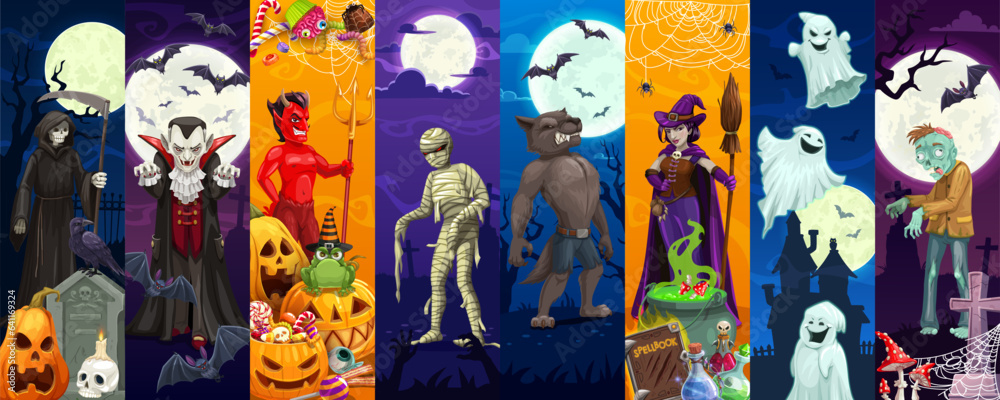 Halloween characters collage with spooky monsters of horror night ...