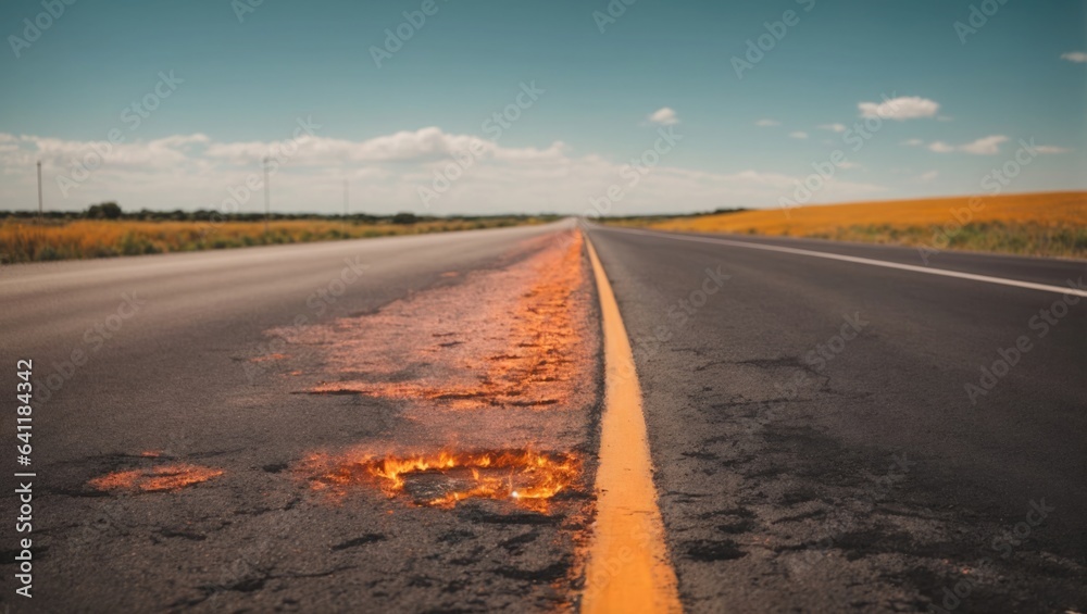 Burning asphalt road in the middle of the field with yellow line. Fire ...