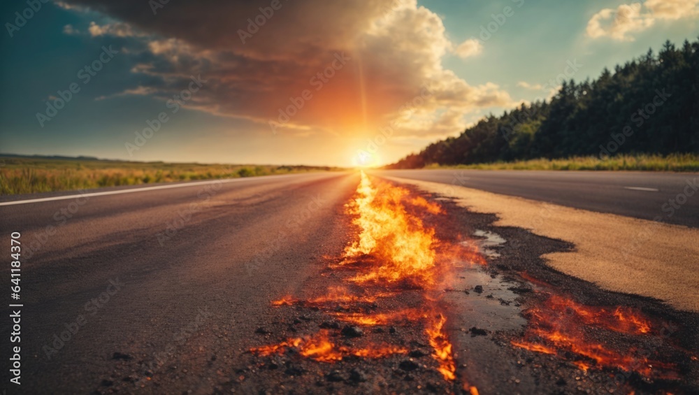 Burning asphalt, oil, gas, or fuel on a road. Fire on the highway at ...
