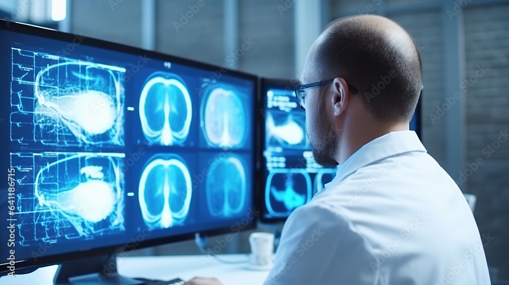 In a medical laboratory, a doctor oversees the procedure and monitors ...