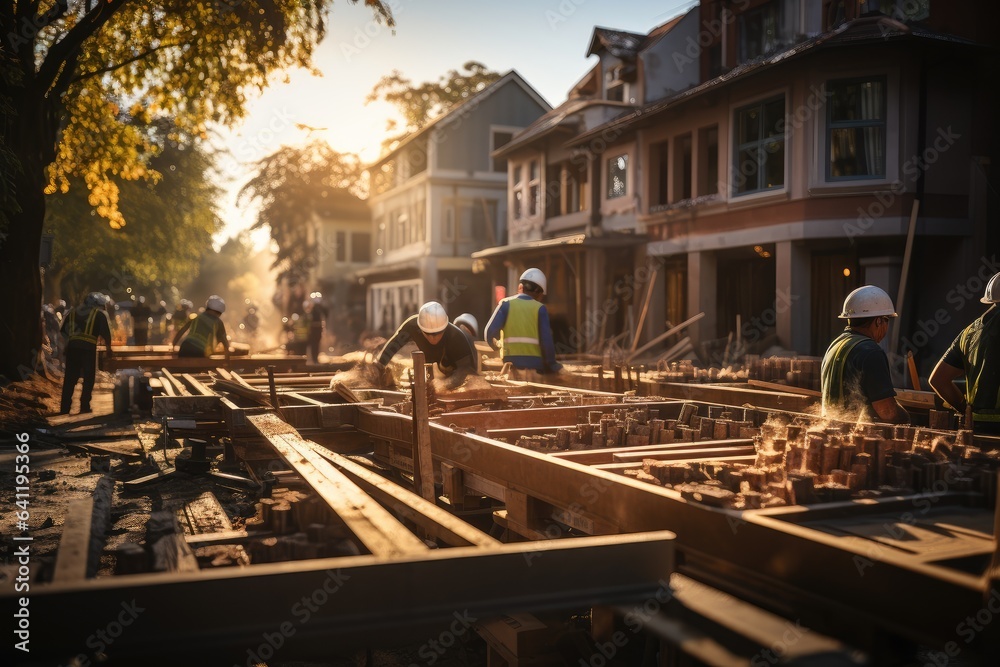 Construction workers supervise the construction of a residential house ...