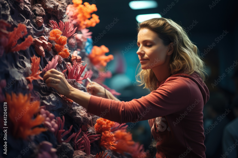 An artist creates a mural depicting ocean life, using art as a medium ...