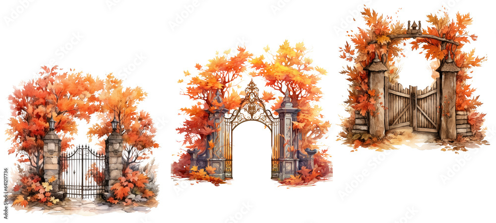 Watercolor Fall Autumn Gate Clipart. Generative AI Stock Illustration ...