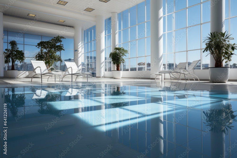 Luxury indoor swimming pool with big panoramic windows, part of luxury ...