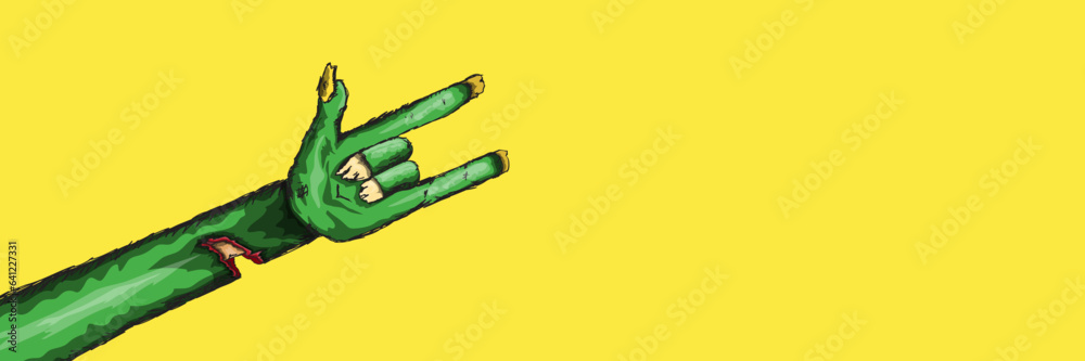 vector green cartoon Zombie rock n roll hand isolated on horizontal ...