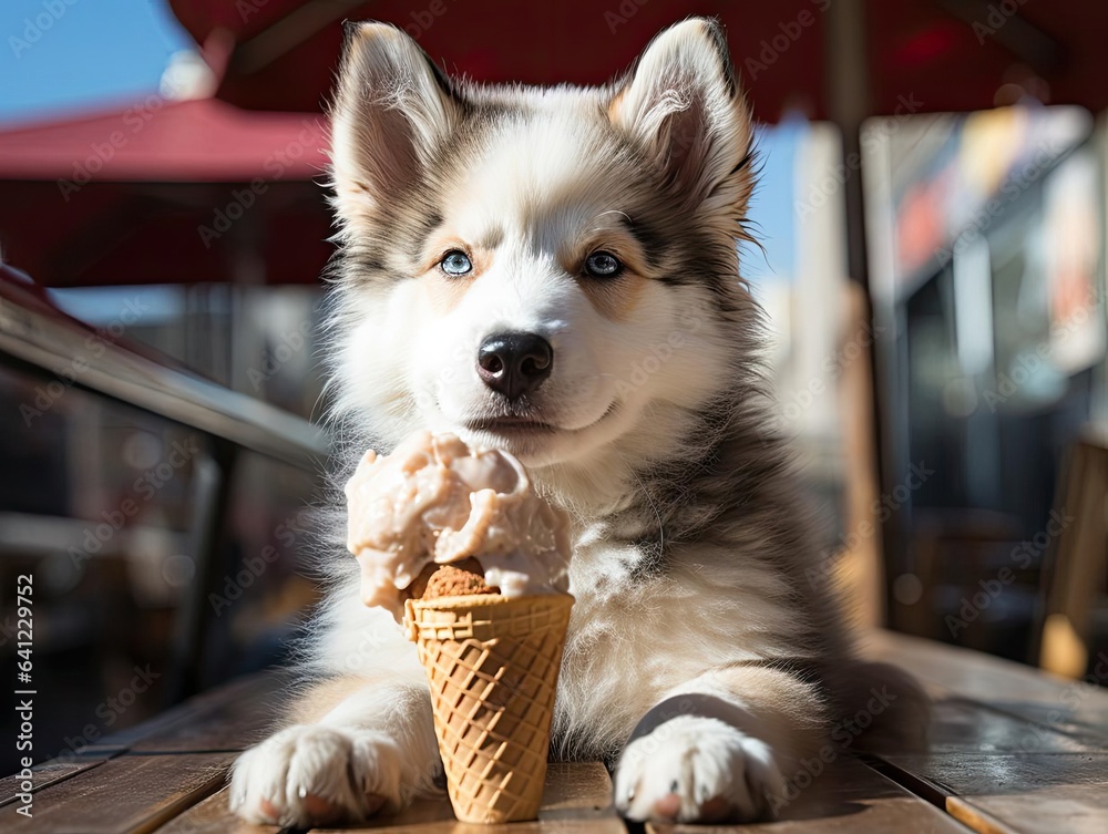 A playful Siberian Husky pup with striking blue eyes is joyfully ...