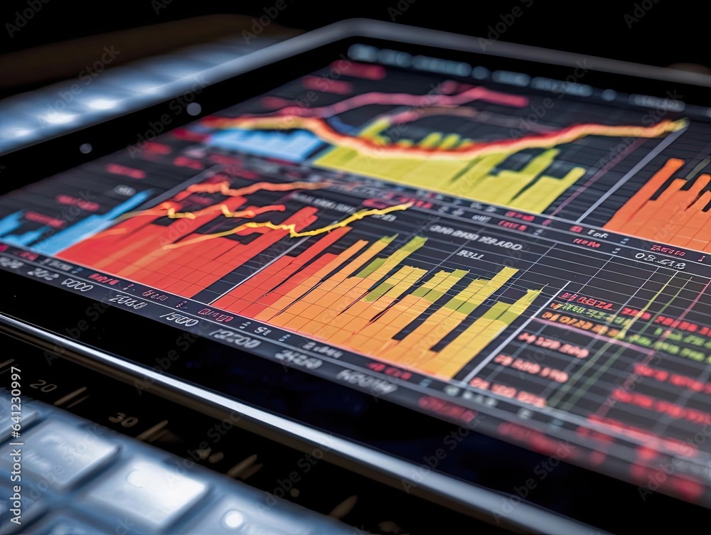 The closeup reveals a tablet screen, displaying a detailed financial ...