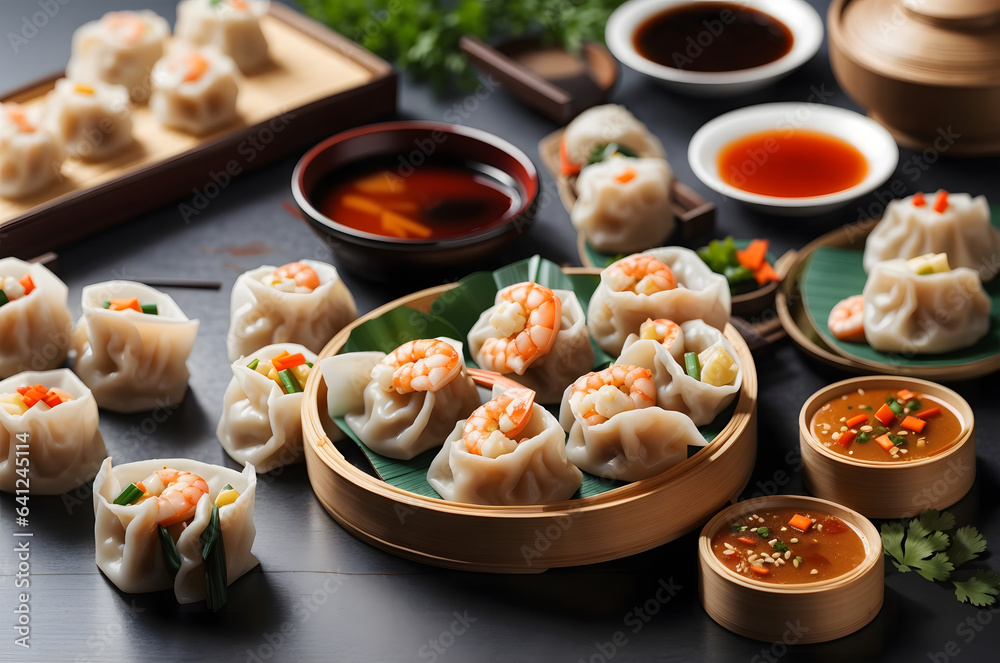 delicious Chinese dim sum spread, seafood spring rolls filled with ...