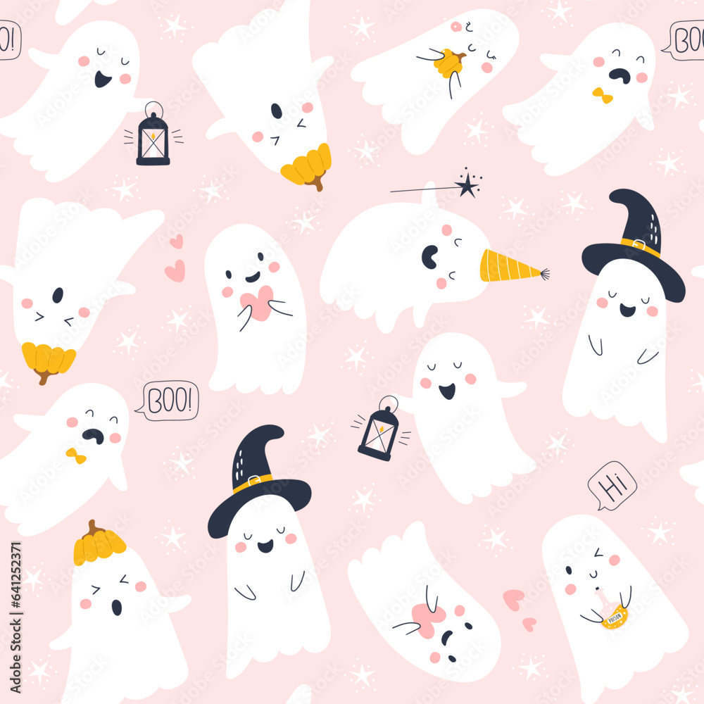 Cute ghosts with different emotions and face expressions seamless ...