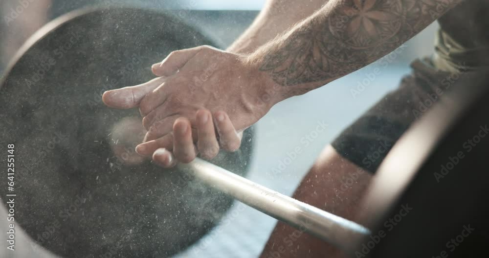 Person, barbell and powder hands for gym exercise, challenge and ...