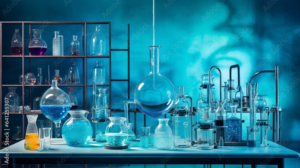 A blue background with a chemistry lab on a table with lots of ...